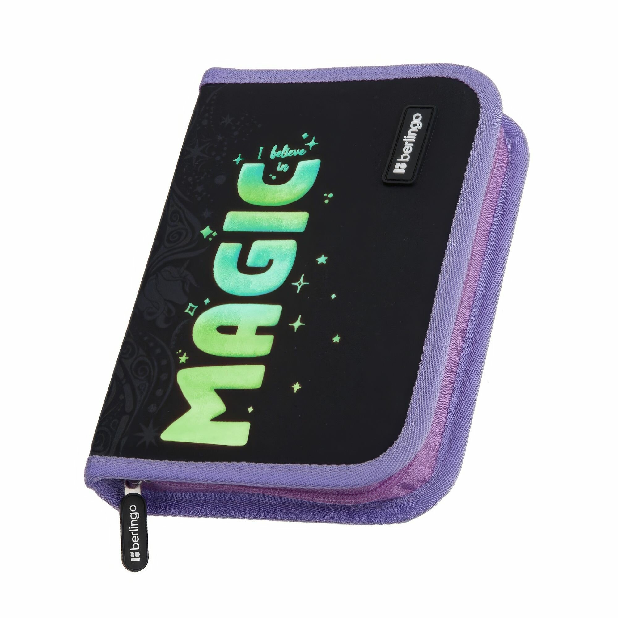 Пенал 1 отделение Berlingo "Purple Magic", 200*140*40 мм, 1 откидная планка, полиэстер, черный