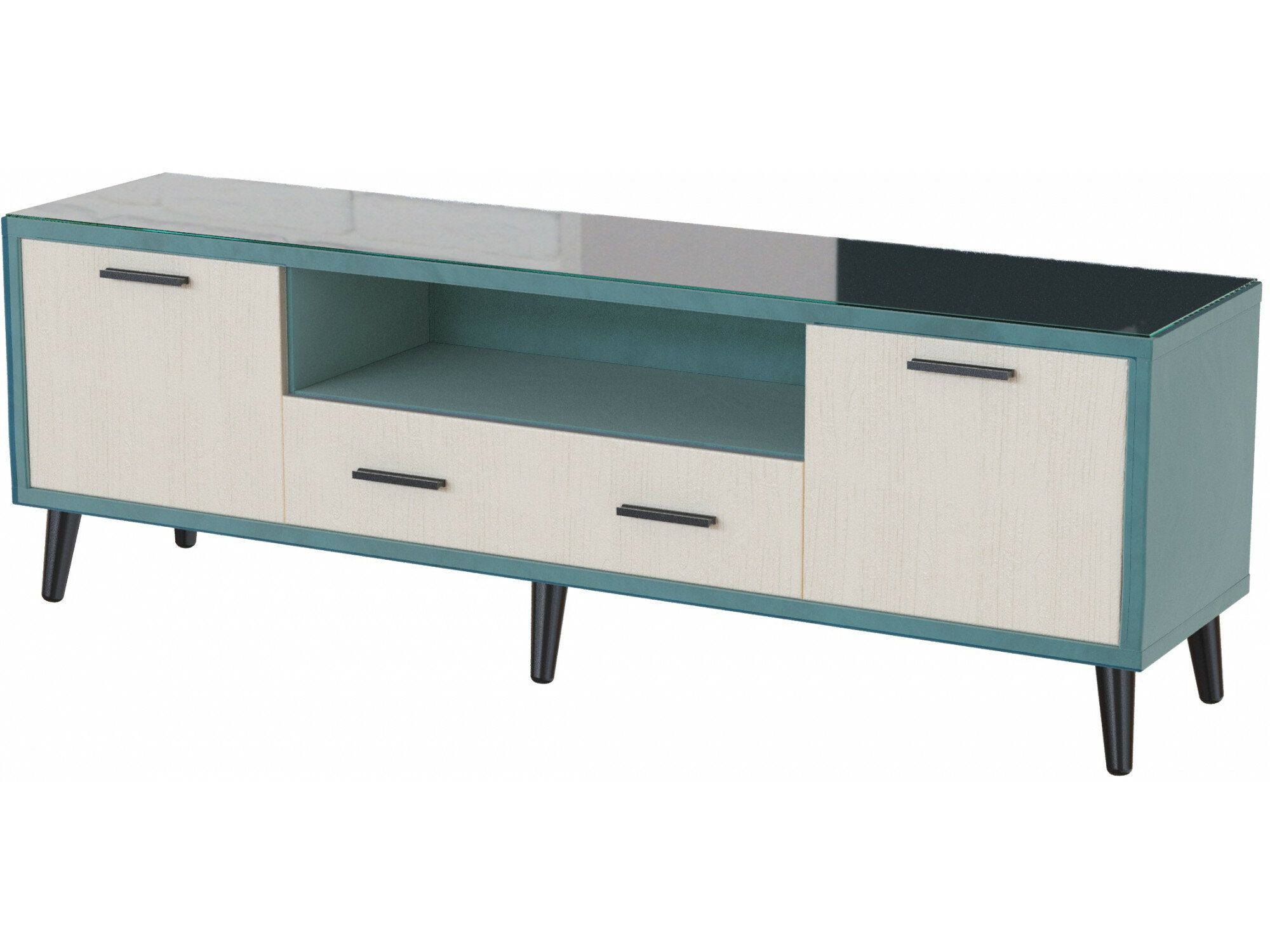 Тумба ТВ интерьерная 1600, фасад МДФ, бирюза/мдф клен кремовый