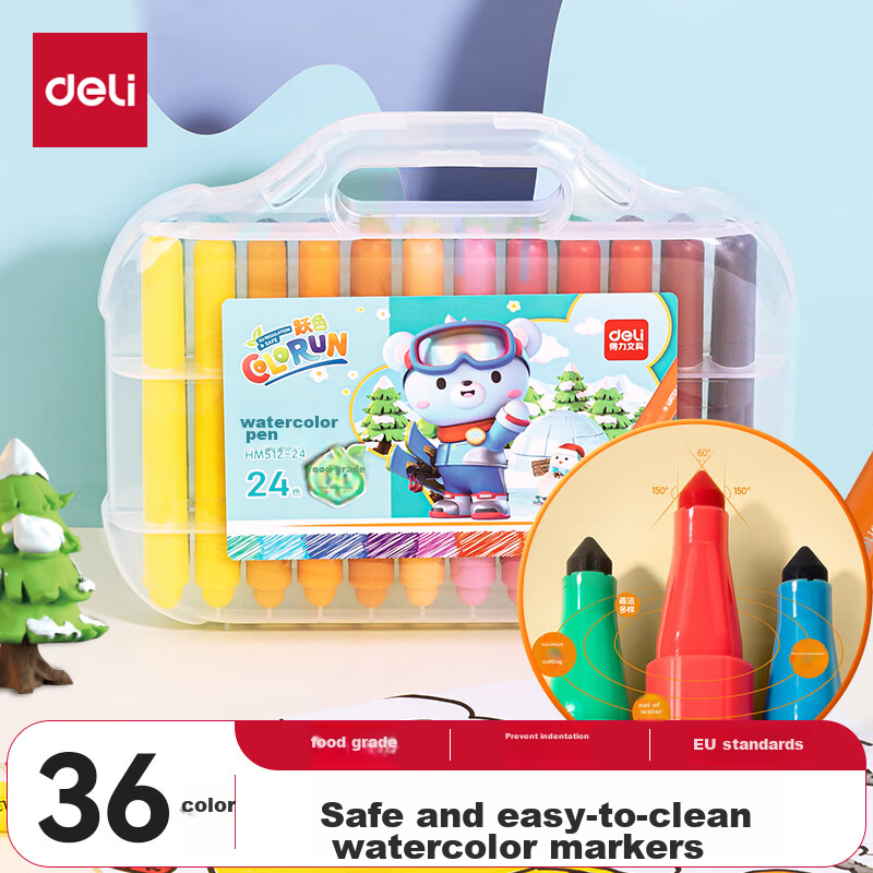 Deli 36-Color Non-Shrinkage Cute Ski Thick Round Handle Easy-Grip Food-Grade Watercolor Pens (Box), Children's Doodle Exam Drawing Gift HM512-36_PP Box