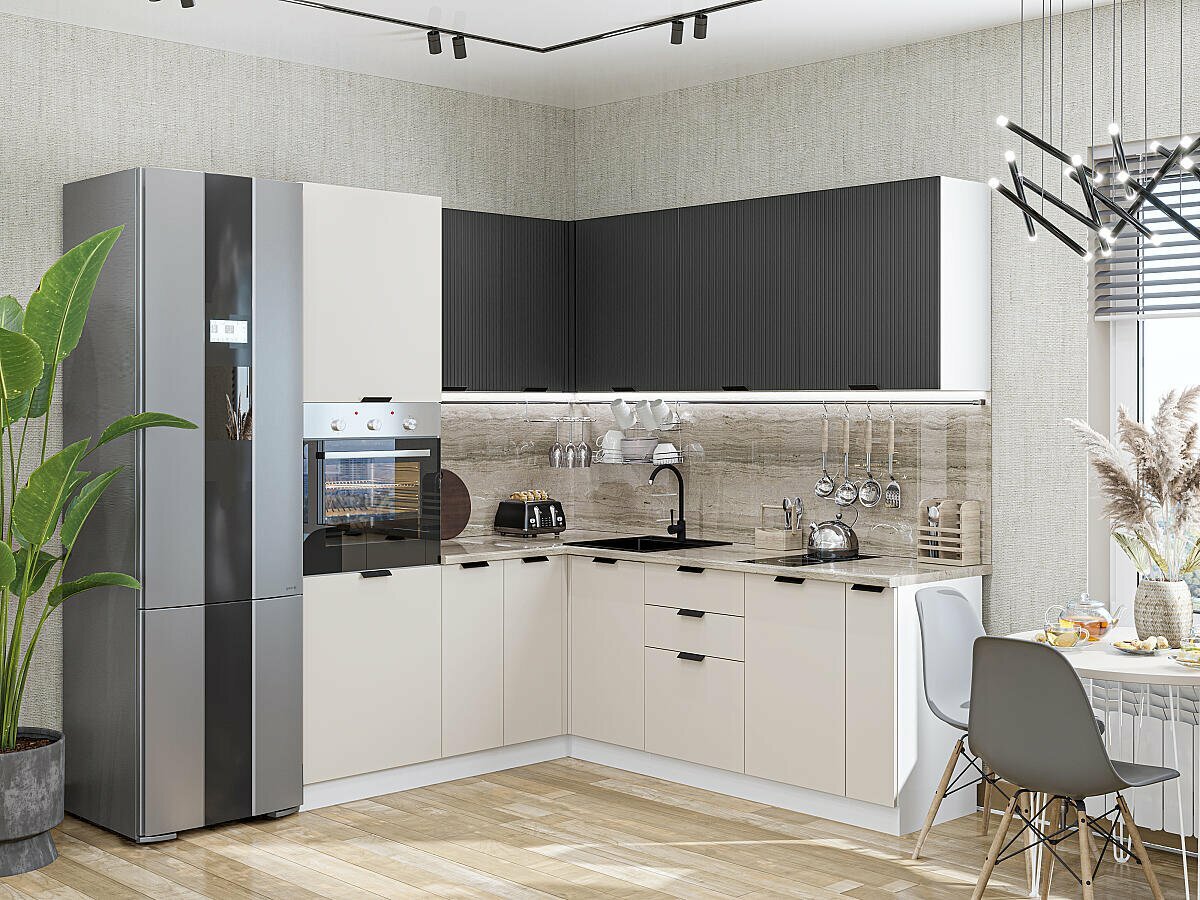 Кухня модульная угловая МДФ фасады, ЛДСП корпус, матовая со столешницей Евро Лайн-04 2140*1800-2150*600 Агат-Антрацит