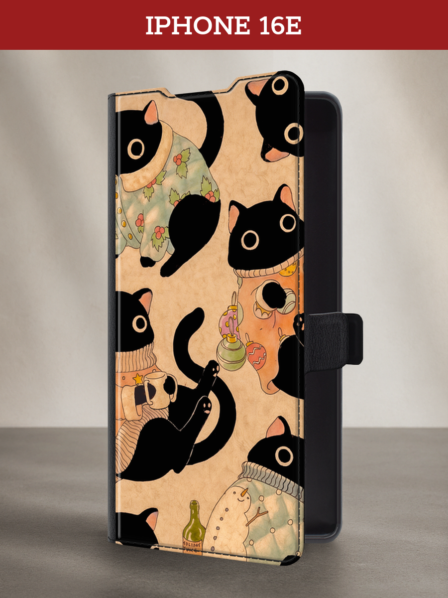Чехол-книжка на Apple iPhone 16e/17e / Айфон 16е/17e с принтом Уютные котики, черный