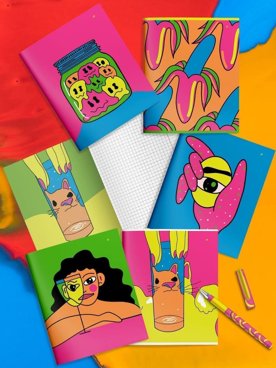 Тетрадь 1 шт 48 л. А5 клетка, на скрепке, офсет LOREX NEON MAD мелованны картон, запечатка форзаца, soft