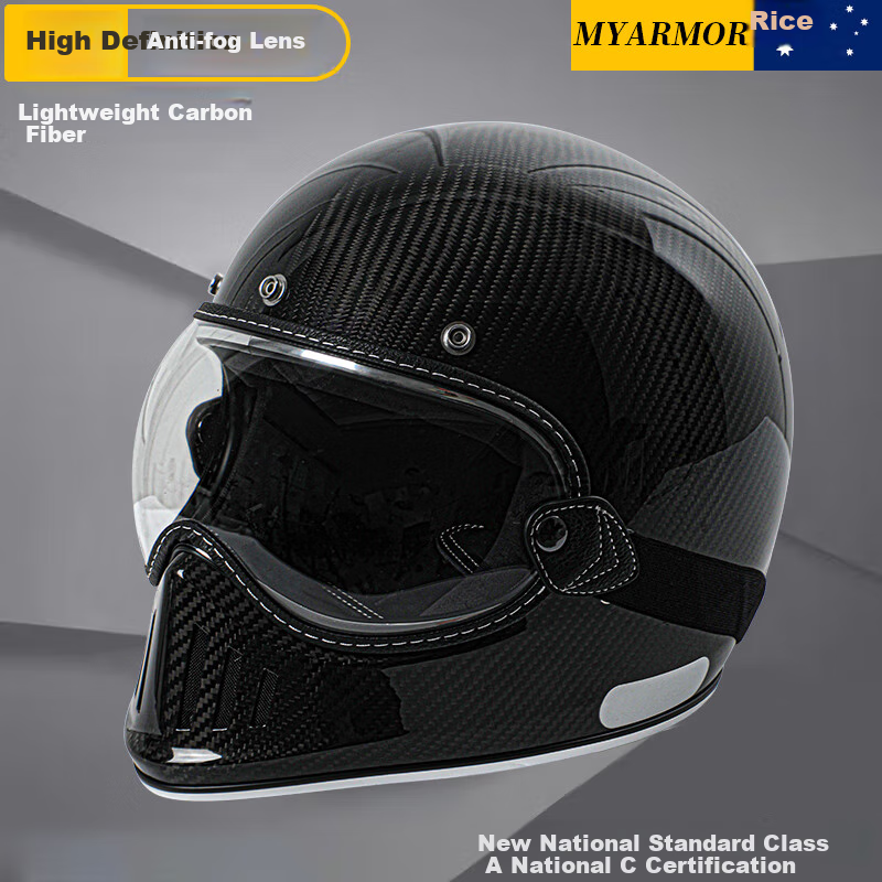 MYARMOR Carbon Fiber Full Face Helmet with Anti-fog Visor Personalized Motorcycle Helmet Men and Women Lightweight Retro Four Seasons Universal Motorcycle Helmet Glossy Black XL (58-60)