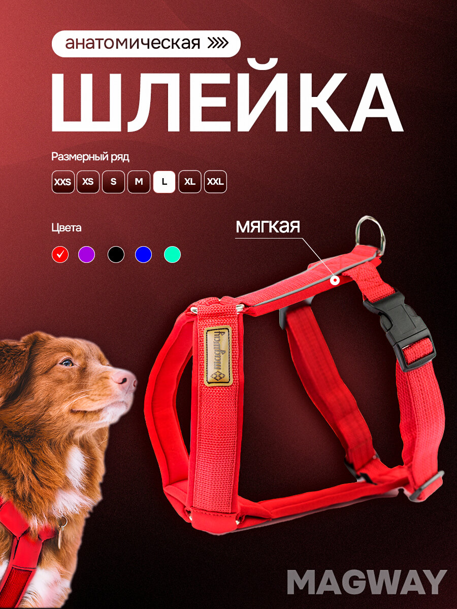 Шлейка прогулочная на мягкой подкладке из неопрена MagWay, красный, размер L, для мелких, средних и крупных пород, анатомически правильная