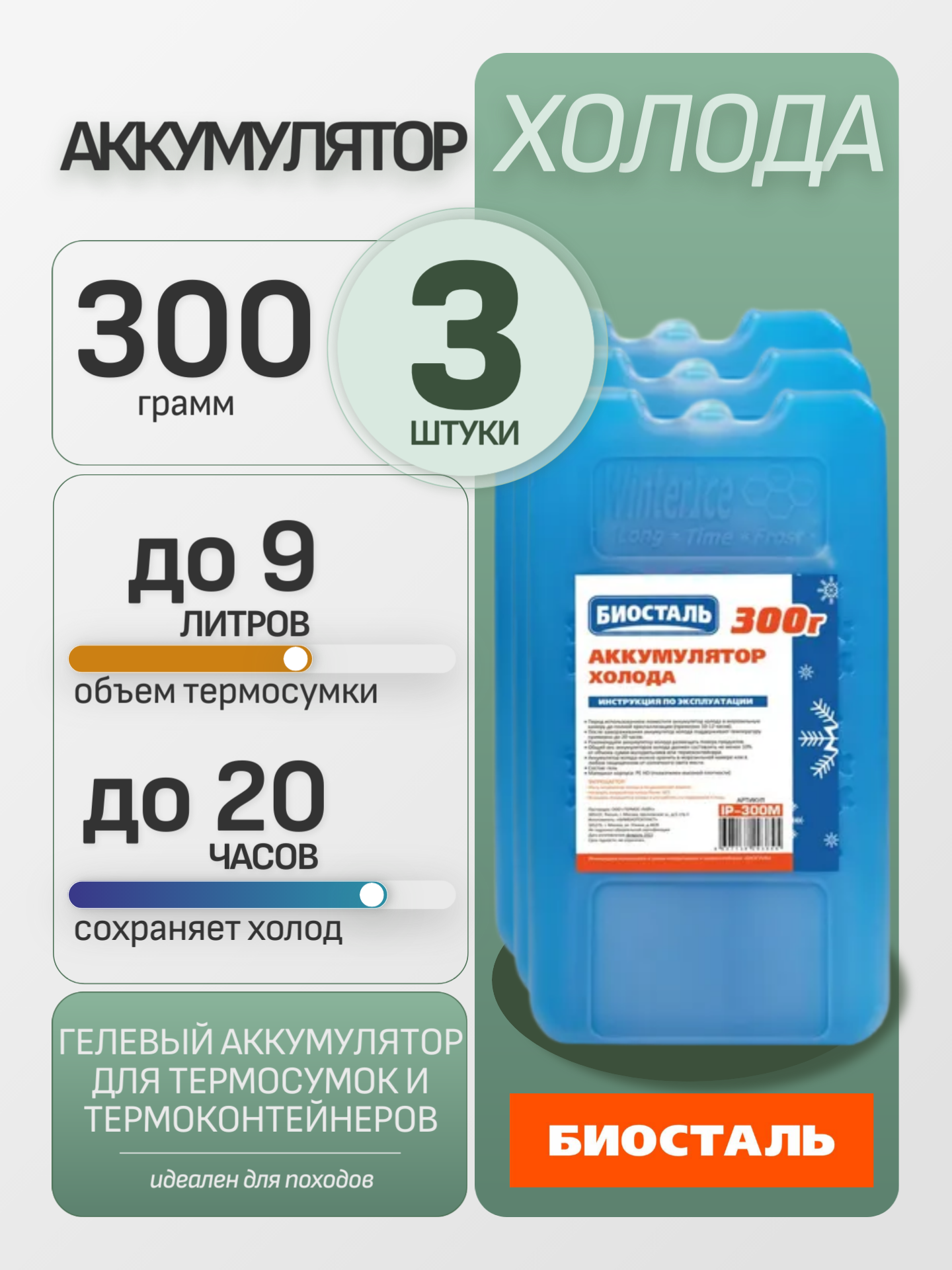Аккумулятор холода, хладоэлемент для термосумки торнадо экстрим от BIOSTAL 300 гр, набор из 3 штук