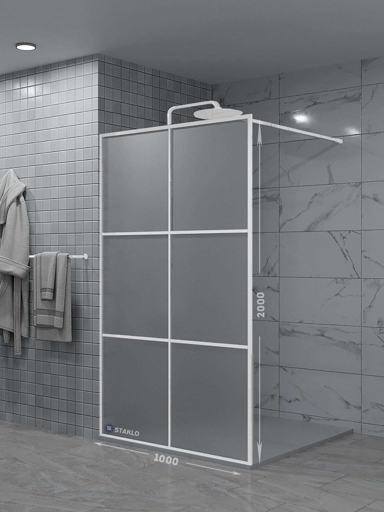 Loft душевая одиночная перегородка staklo 100x200 из матового осветленного стекла белая фурнитура