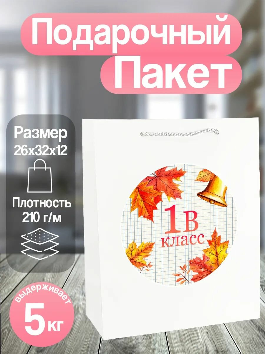 Пакет подарочный большой белый 1 сентября 1в класс первокласснику, упаковка для подарка, 26х31 см