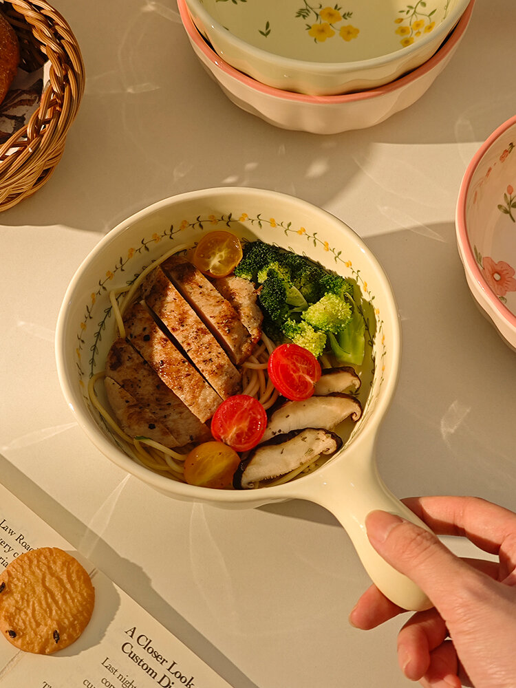 Посуда кремового цвета в корейском стиле ins, миска для выпечки с керамической ручкой, Кремово-желтый