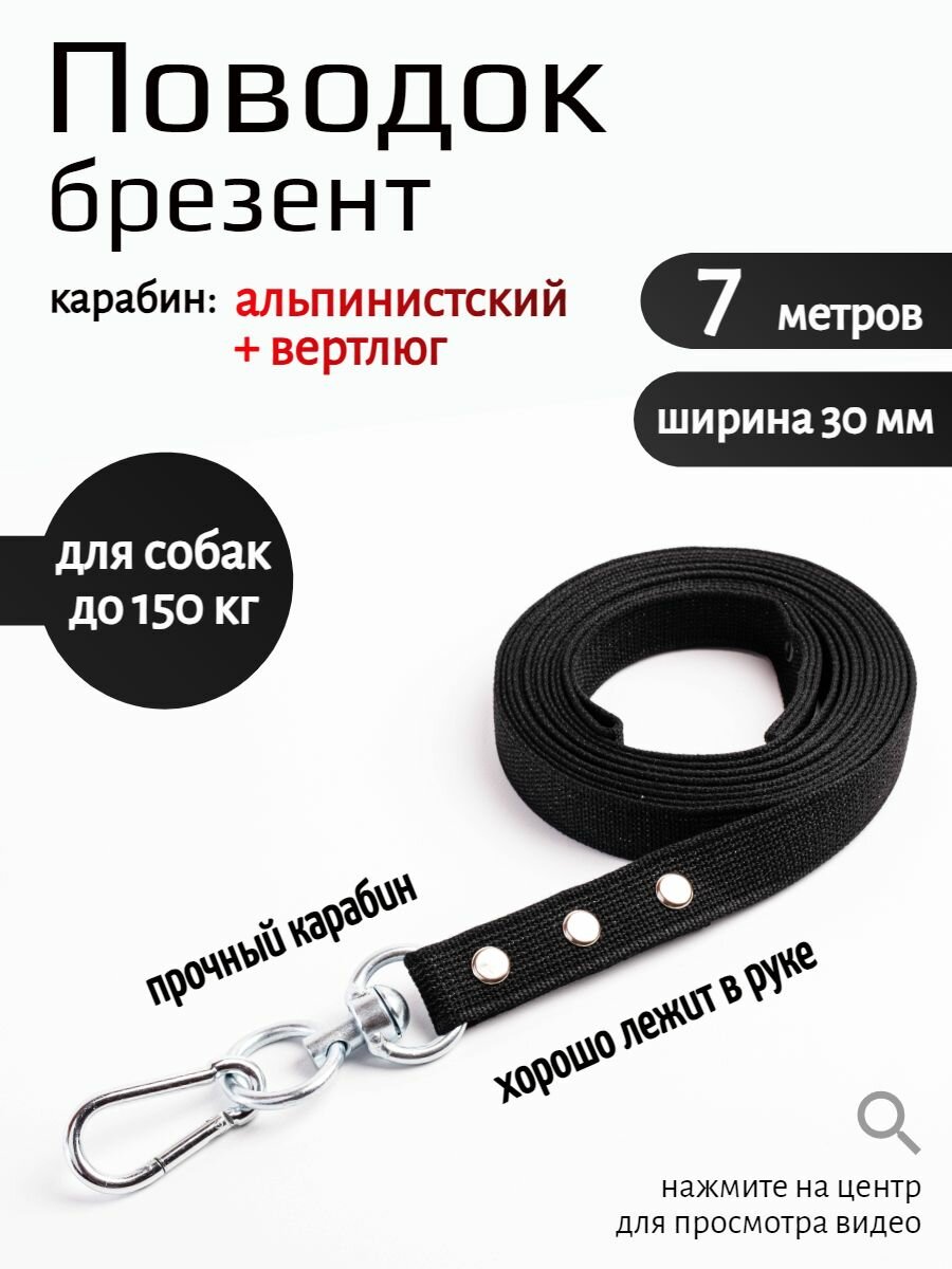 Поводок Хвостатыч для собак с вертлюгом брезент 7 м х 30 мм (черный)
