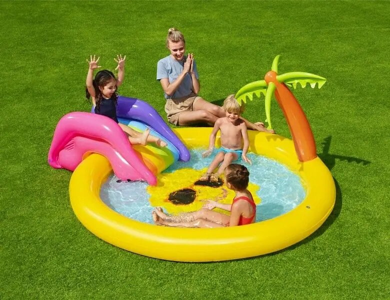 Надувной бассейн-игровой центр Солнышко с горкой и фонтаном, 237х201х104 см, от 2 лет, BestWay,
