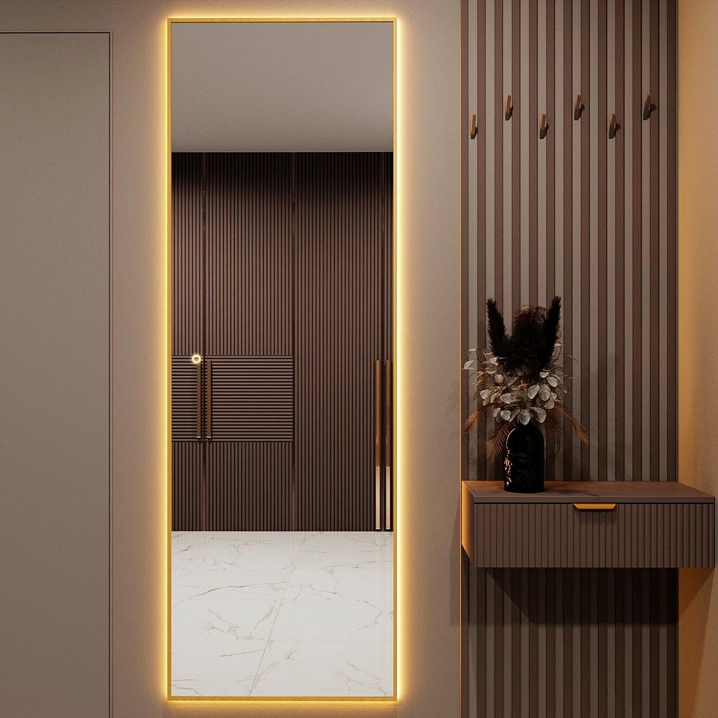 Зеркало настенное 180х60 см. BLX MIRROR с подсветкой сенсорное в алюминиевой раме, Золото