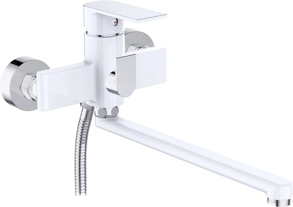 Смеситель с длинным изливом для ванны D-lin D147363-C с душевым гарнитуром, поворотный, металлический, хром, белый, глянцевый, смеситель для ванны с душем, рычажный, с настенным держателем
