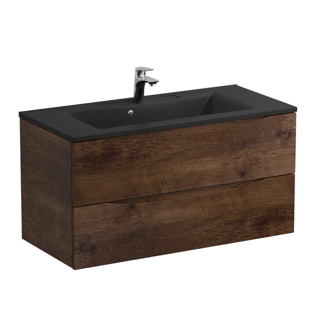 Тумба с раковиной BelBagno Marino 100 подвесная, 100 см, темное дерево, матовая, из МДФ, с ящиками, раковина для ванной, из искусственного камня, прямоугольная, встроенный слив-перелив, лофт