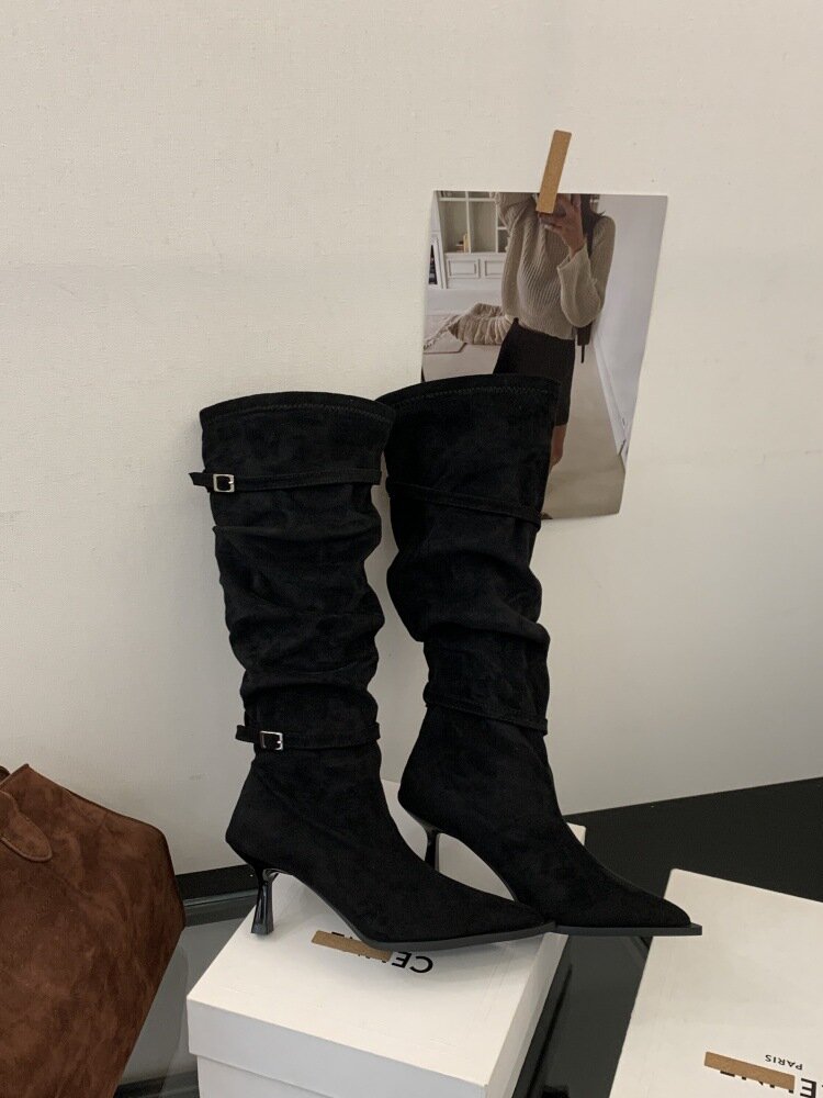 2025 новые осенне-зимние высокие сапоги во французском стиле женские зимние сапоги на шпильке с пальто высокие сапоги Ботинки Майяра