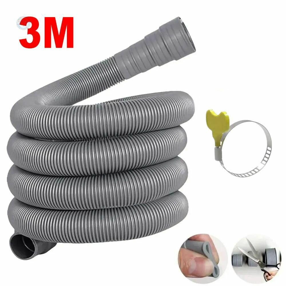 Сливной шланг для стиральной машины, гибкий удлинитель 3 м, комплект с зажимом из нержавеющей стали, прочный полипропиленовый дренажный шланг против перекручивания и протечек
