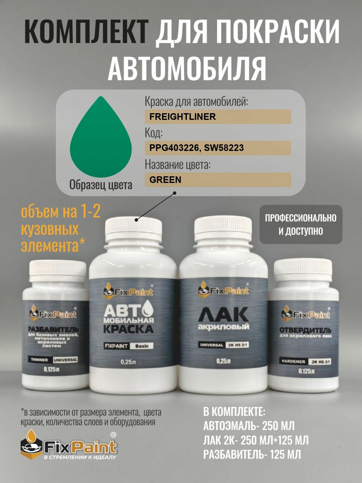Комплект для покраски FREIGHTLINER, код PPG403226, SW58223, GREEN, базовая автомобильная эмаль 250 мл, лак 2K 250 мл с отвердителем, разбавитель 125 мл, FixPaint Pro