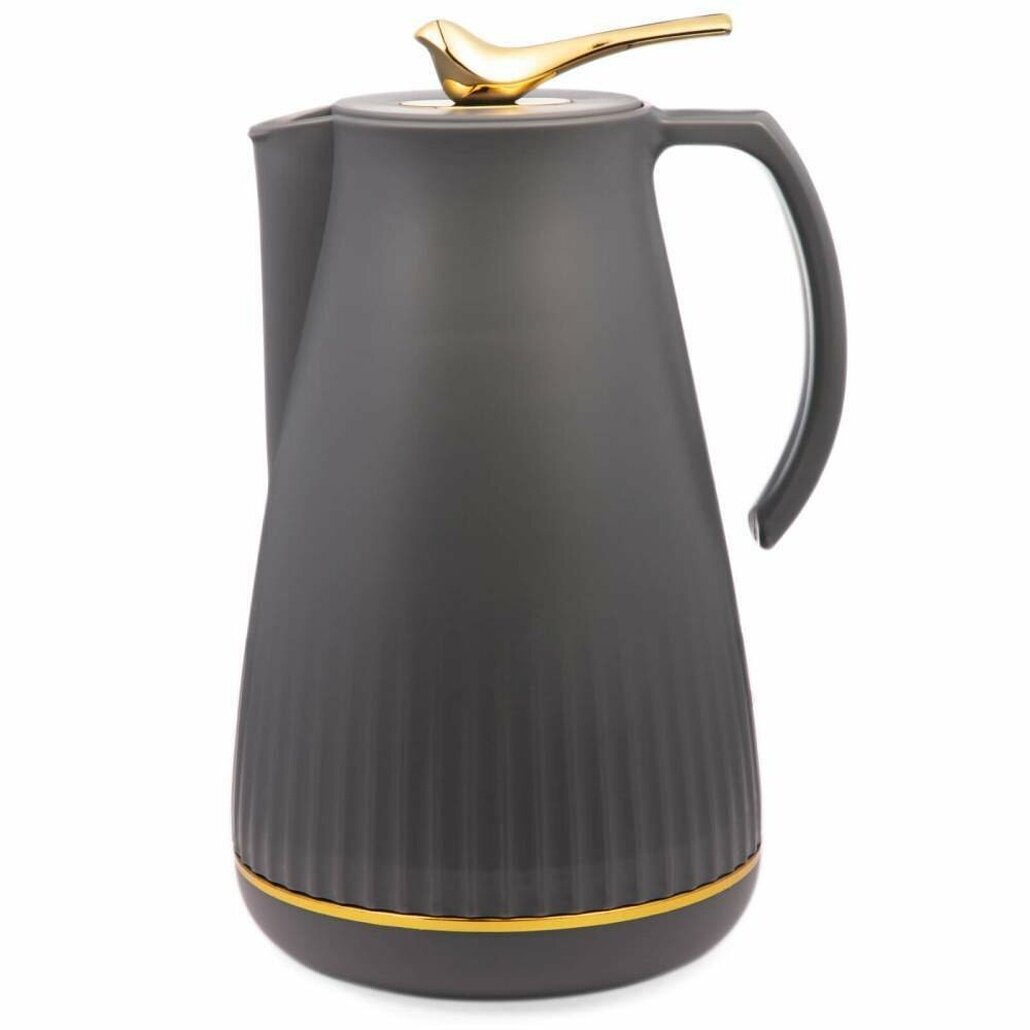 Термос 0,95 л со стеклянной колбой, крышка с клапаном, тёмно-серый, золотая полоска, подарочная коробка