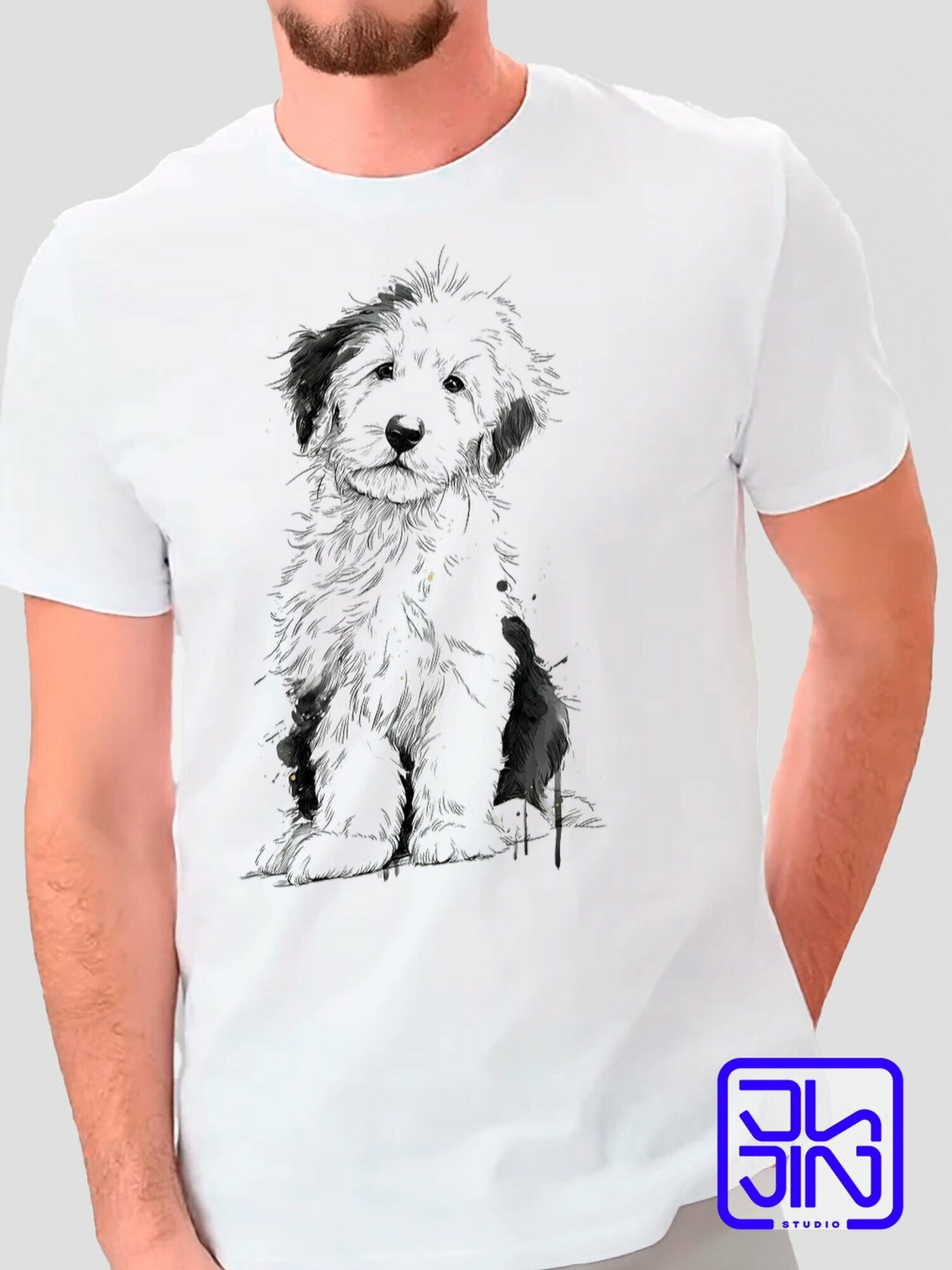 Футболка классическая мужская с авторским принтом Черно белая авторская иллюстрация с собакой щенком, дизайнерский белый принт, белый хлопковый трикотаж с прикольным рисунком на груди
