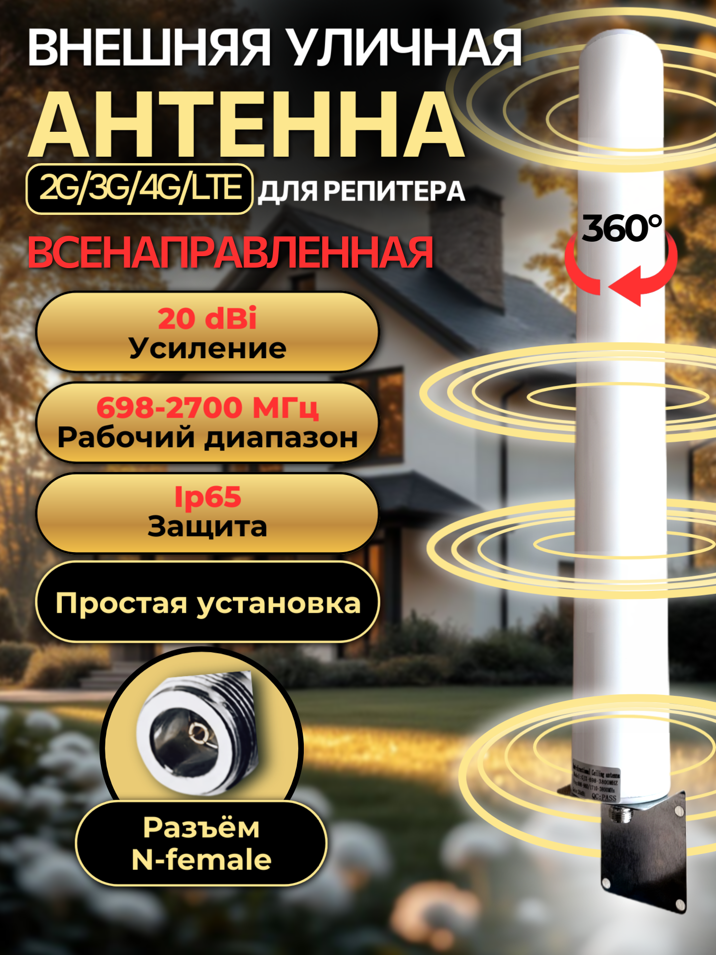 Антенна внешняя уличная Telestone , для репитера, 20 дБ, IP65, всенаправленный, белая
