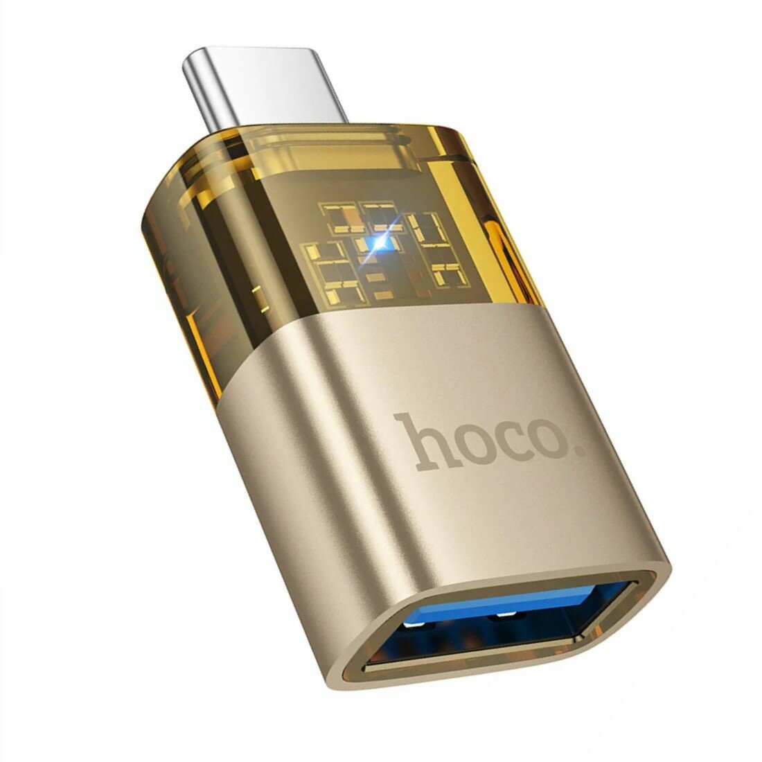 Переходник адаптер USB на Type-C Hoco UA36B, OTG, 3A, 5.0Gbps, прозрачный золотистый