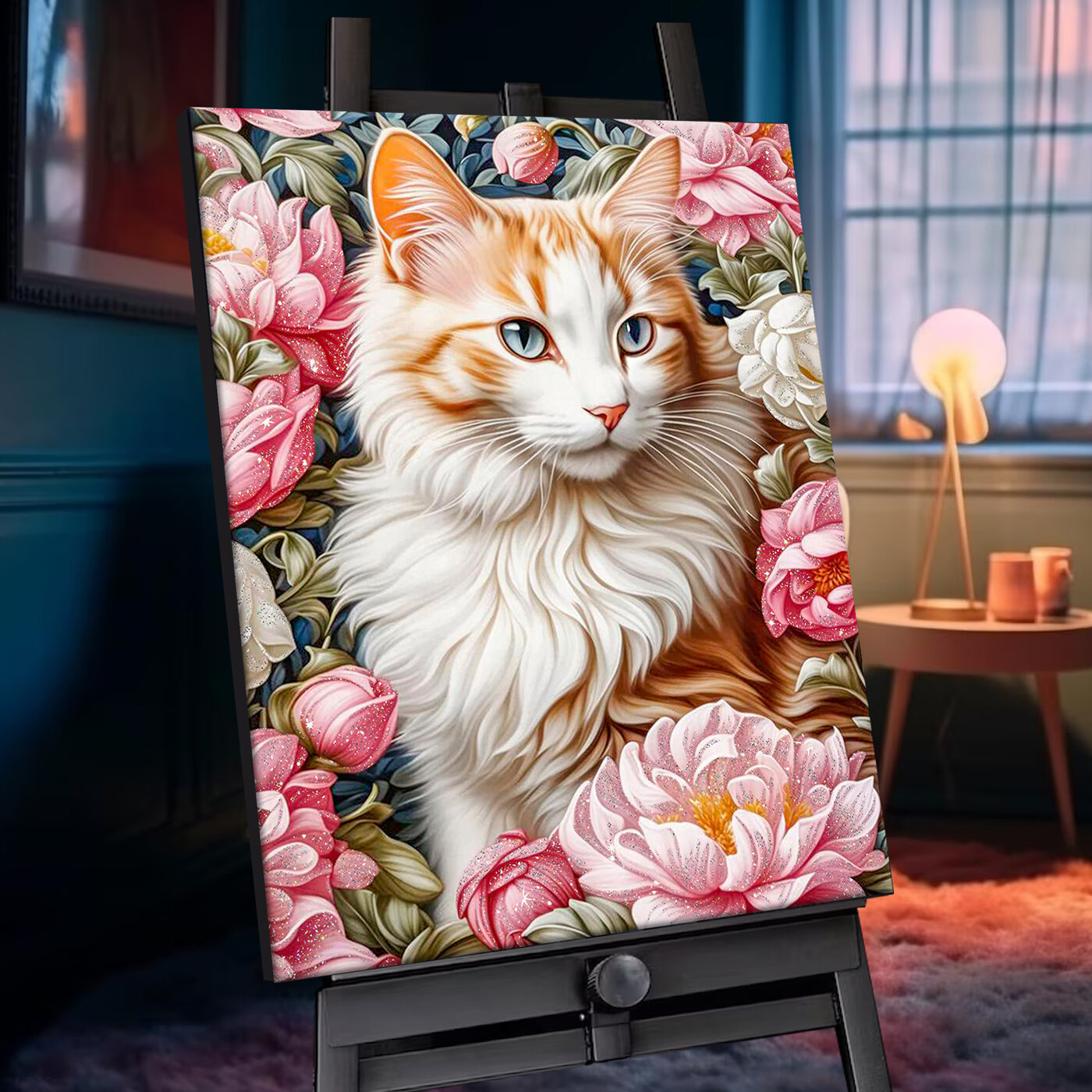 Картина по номерам 40х50см с кристаллами из хрусталя Кошка в пионах Флюид SHR0582