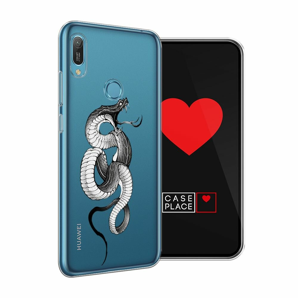Чехол на Honor 8A/8A Pro/Huawei Y6s/Y6 2019 / Хонор 8А с принтом Монохромная змея рисунок, прозрачный — фото 1