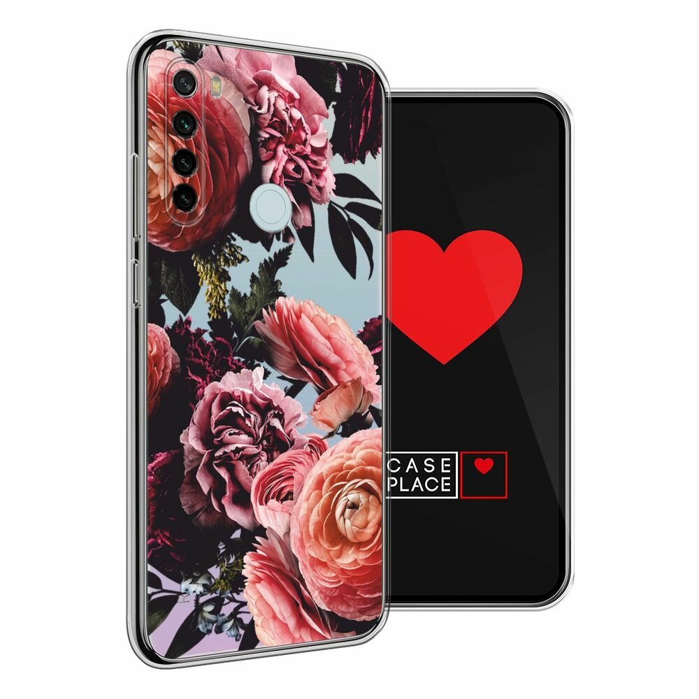 Чехол на Xiaomi Redmi Note 8T / Сяоми Редми Нот 8Т с принтом "Бордовые винтажные цветы", прозрачный — фото 1