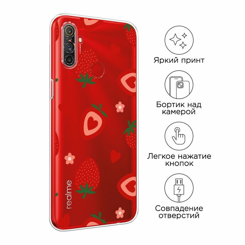 Чехол на Realme C3 / Реалми C3 с принтом "Heart strawberries 2 - 14 февраля", прозрачный — фото 1