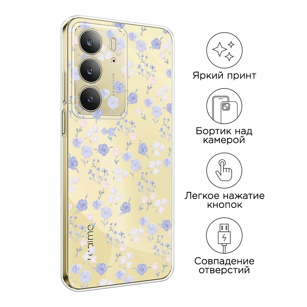 Чехол на Realme C75 4G / Реалми C75 4G с принтом "Сиреневые розы паттерн", прозрачный — фото 1
