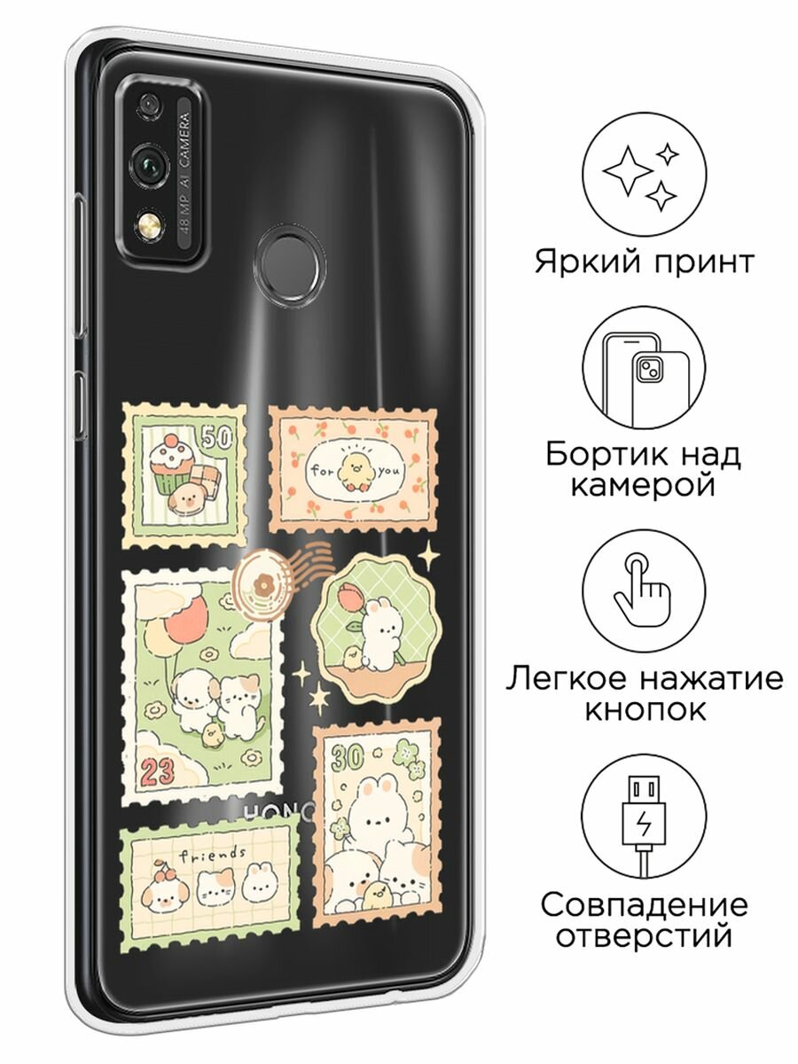 Чехол на Honor 9X Lite / Хонор 9X Лайт с принтом Милые марки, прозрачный — фото 1