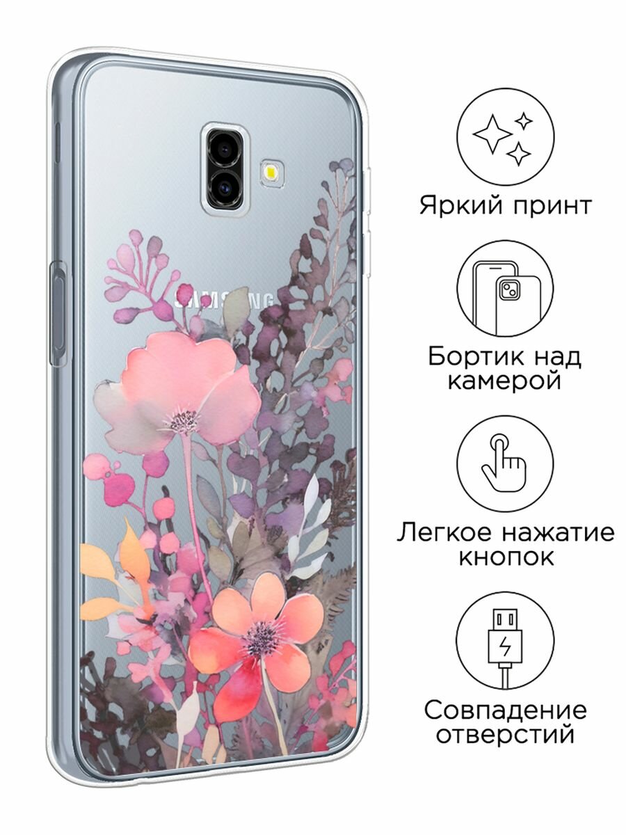Чехол на Samsung Galaxy J6 + / Самсунг Галакси J6 Плюс 2018 с принтом "Лиловые полевые цветы", прозрачный — фото 1
