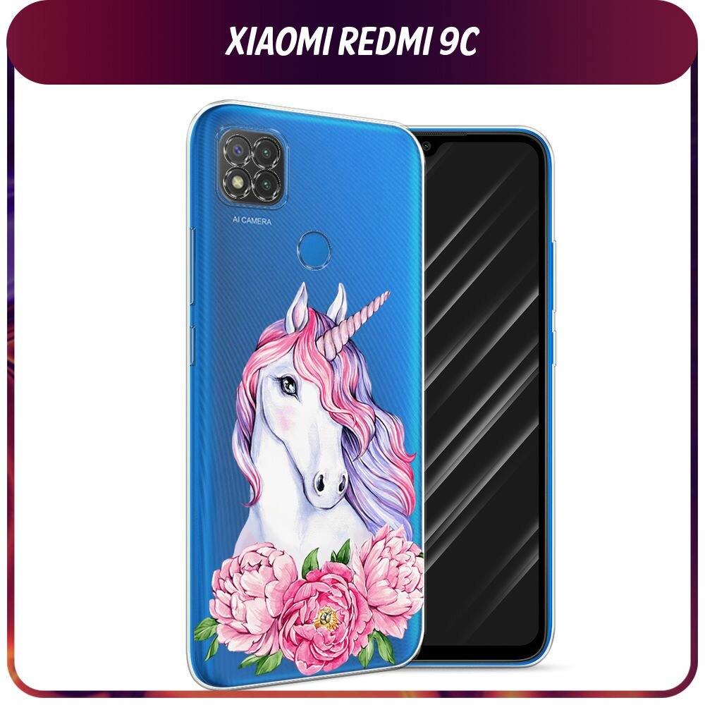 Чехол на Xiaomi Redmi 9C / Сяоми Редми 9C с принтом "Единорог с пионами", прозрачный