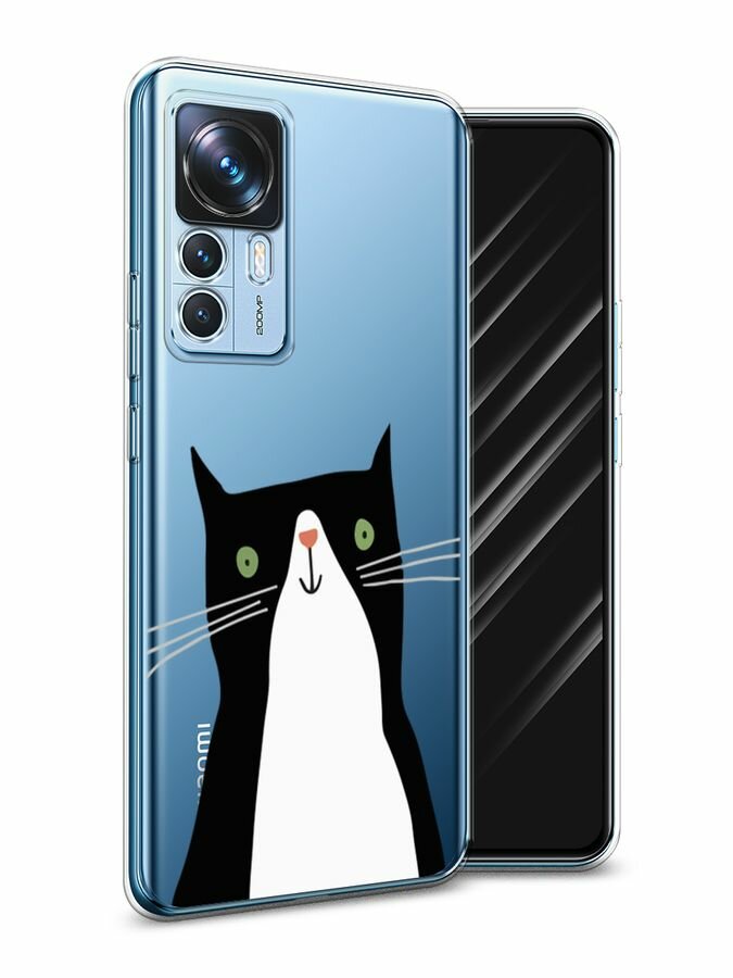 Чехол на Xiaomi 12T/12T Pro / Сяоми 12T/12T Про с принтом черно-белый кот, прозрачный