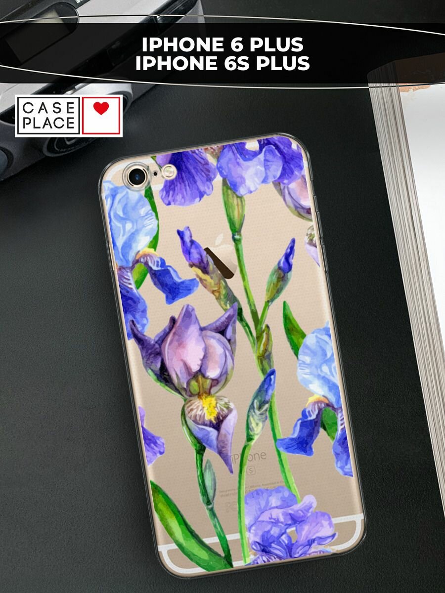 Чехол на Apple iPhone 6 Plus/6S Plus / Айфон 6 Плюс/Айфон 6С Плюс с принтом "Синие ирисы", прозрачный