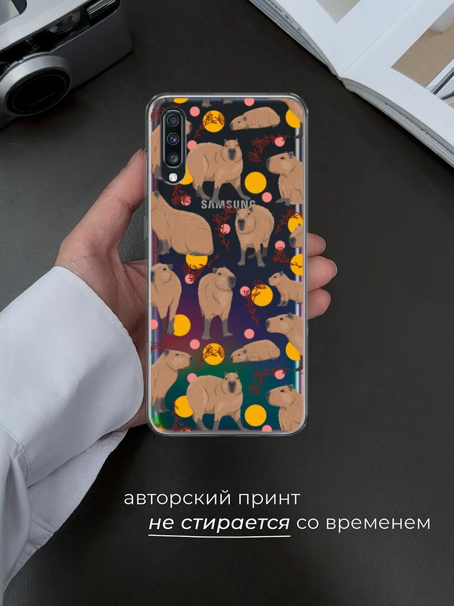 Чехол на Samsung Galaxy A70 / Самсунг Галакси А70 с принтом "Капибара паттерн", прозрачный — фото 1