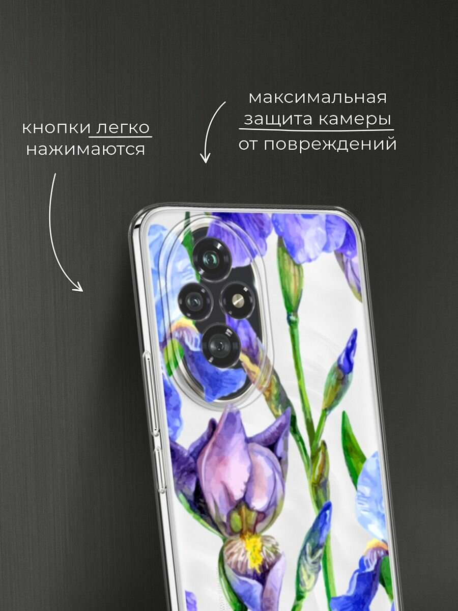 Чехол на Honor 200 / Хонор 200 с принтом "Синие ирисы", прозрачный — фото 1