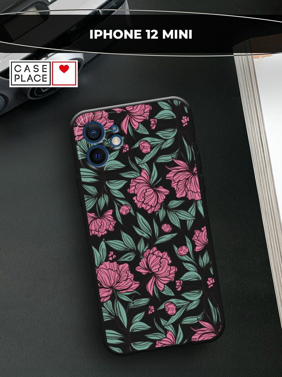 Черный матовый чехол на Apple iPhone 12 mini / Айфон 12 Мини с принтом "Бутоны пионов и клематис"