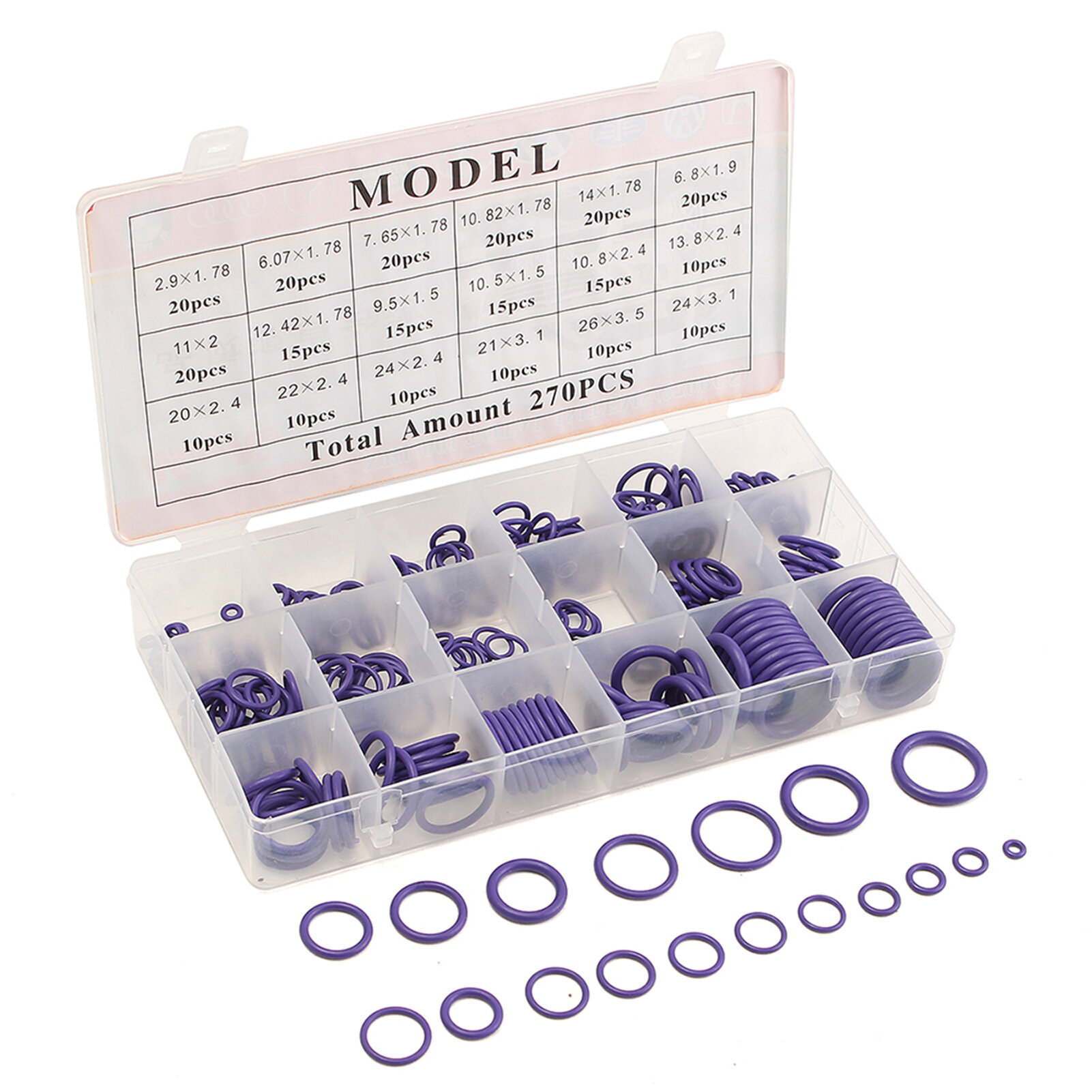 Кольца уплотнительные резиновые O-Ring 270 шт. Набор для герметизации автомобильного кондиционера R134A с пластиковой коробкой, Материал: резина, Цвет: зеленый, фиолетовый (доступен выбор), Форма: O-образное кольцо, Область применения: компрессор