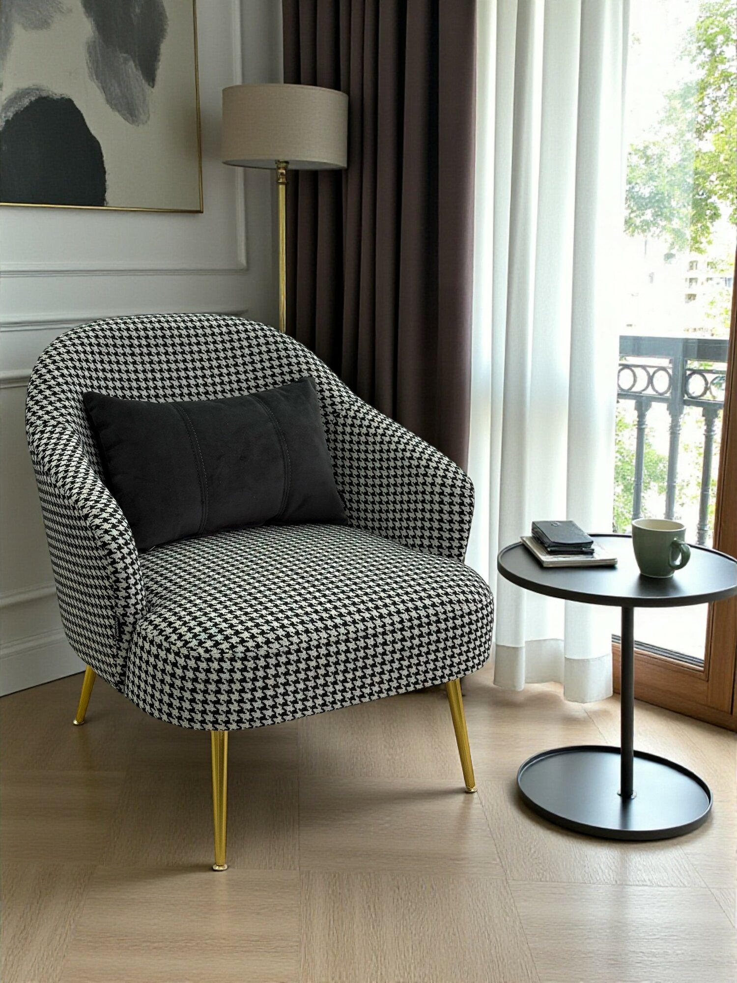 Кресло классическое Леон, для дома и отдыха, принт гусиная лапка, золотые опоры