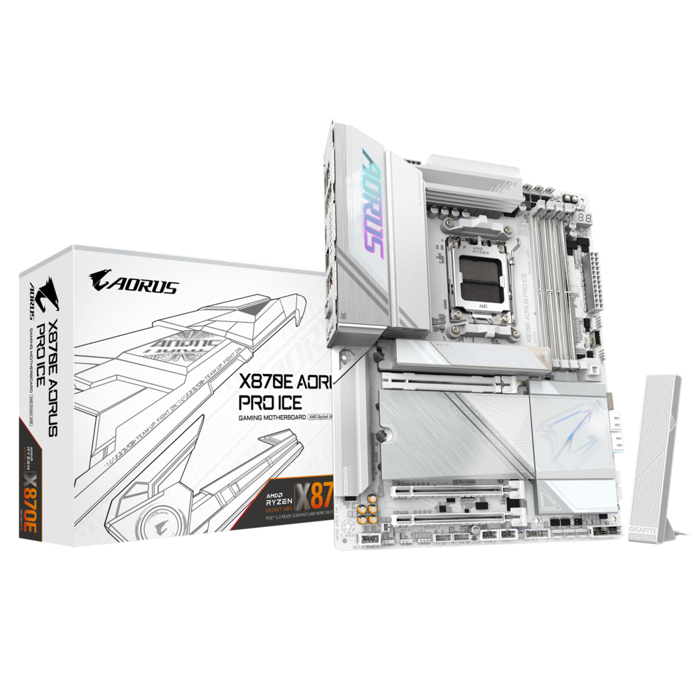 Материнская плата GIGABYTE X870E AORUS PRO ICE (AM5/AMD X870E/4xDDR5/3xPCI-Ex16/4xM.2/SB7.1/Wi-Fi/BT/GLAN/HDMI/ATX)