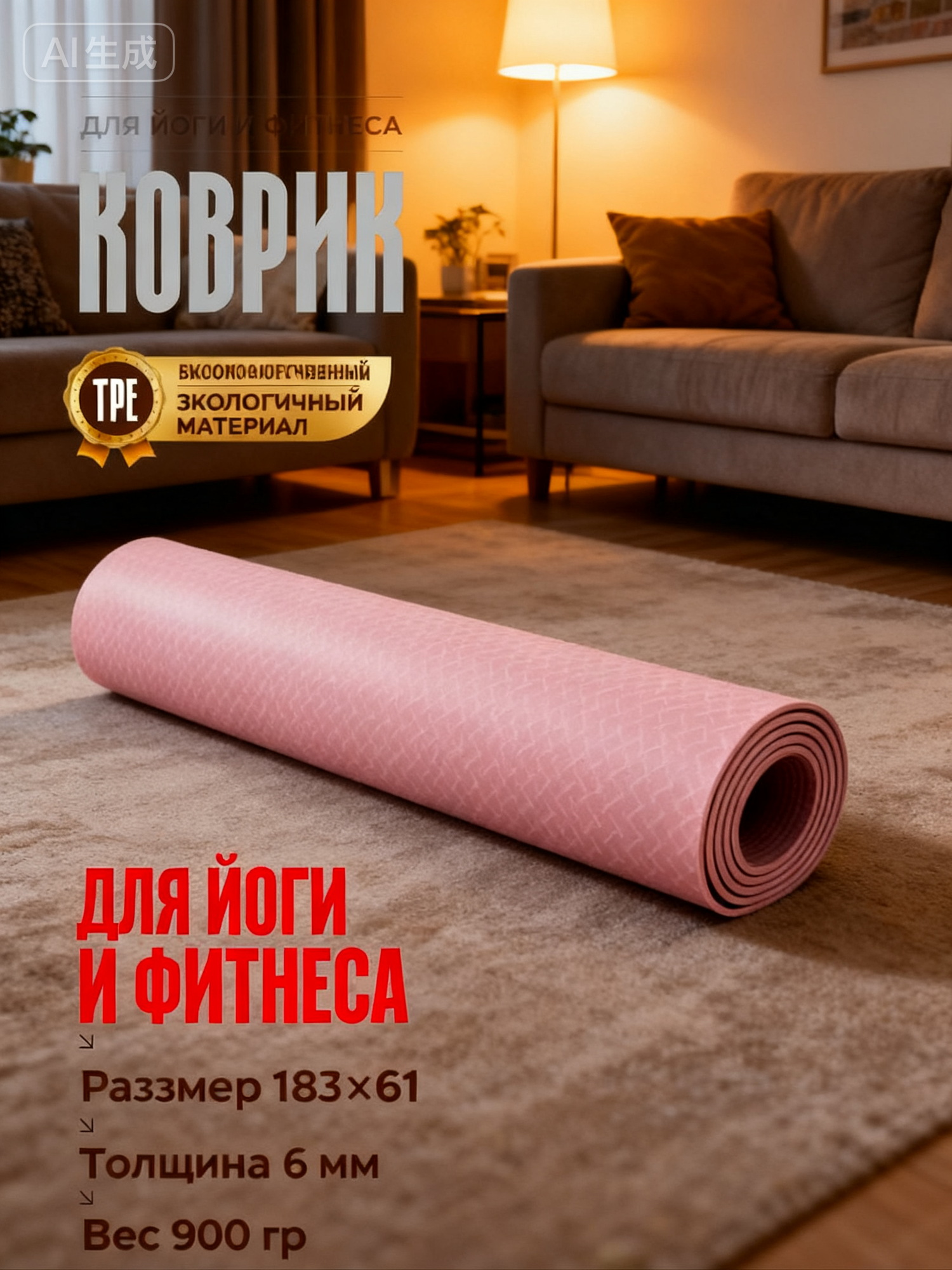 Коврик для фитнеса и йоги , нескользящий, ТПЕ, розовый, с чехлом