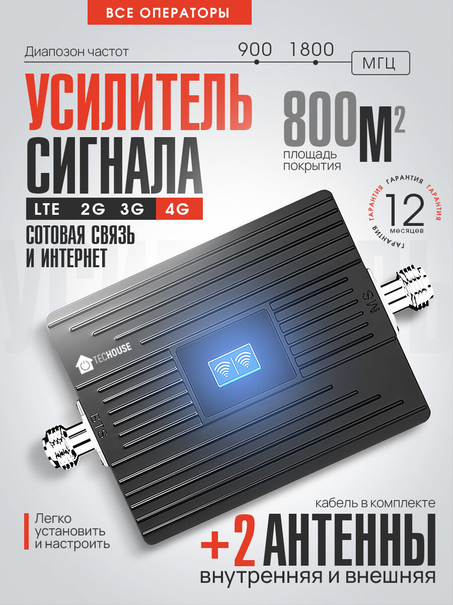 Усилитель сотовой связи и интернета 2G 3G 4G 900 1800 2100 МГц до 150 м2