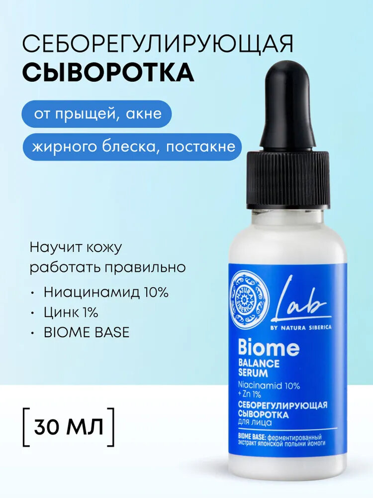 Natura Siberica Lab Biome Сыворотка для лица cеборегулирующая от прыщей с ниацинамидом 10% и цинком 1% матирующая 30 мл
