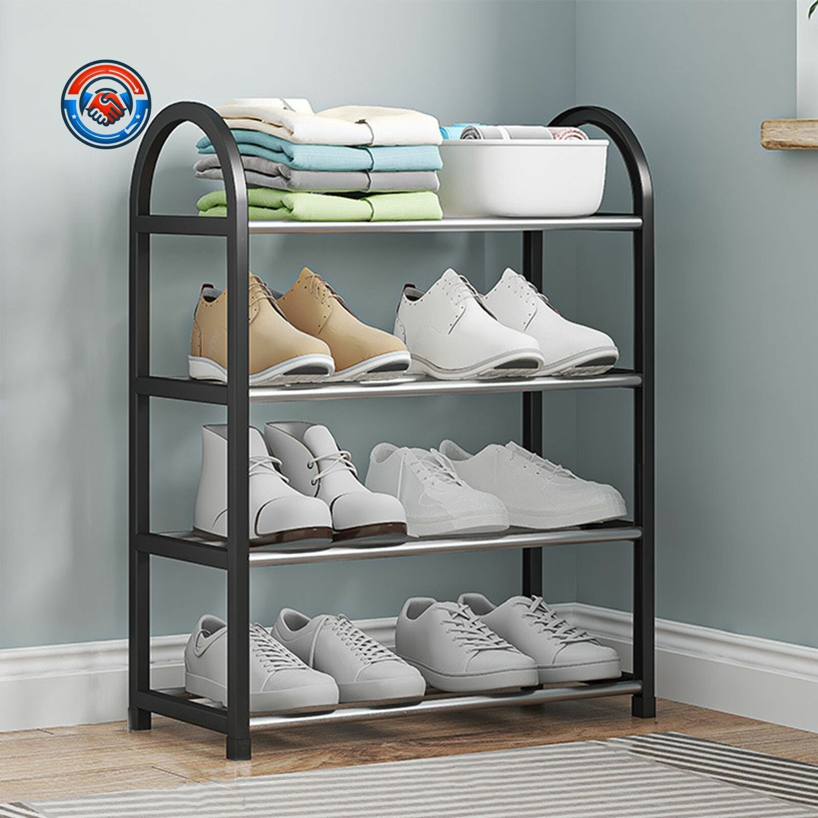 Полка для обуви 4 яруса, металлическая обувница на 5 минут без инструментов, компактная стеллаж для прихожей, спальни, ванной, гаража