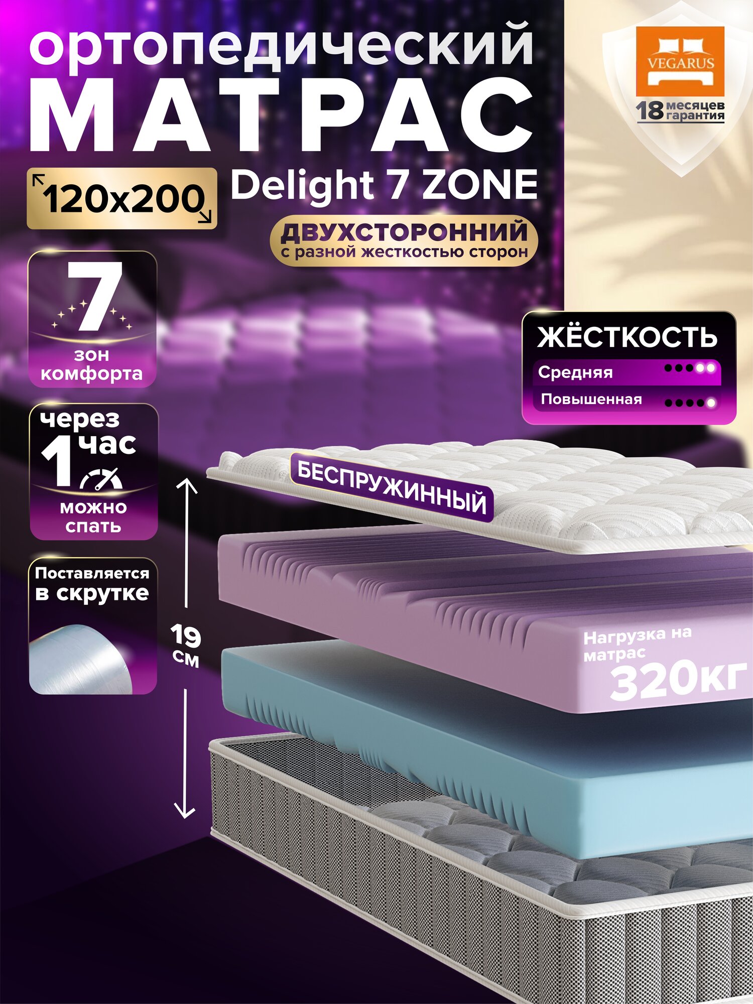 Матрас 120×200 на кровать, беспружинный, ортопедический, Delight 7 Zone