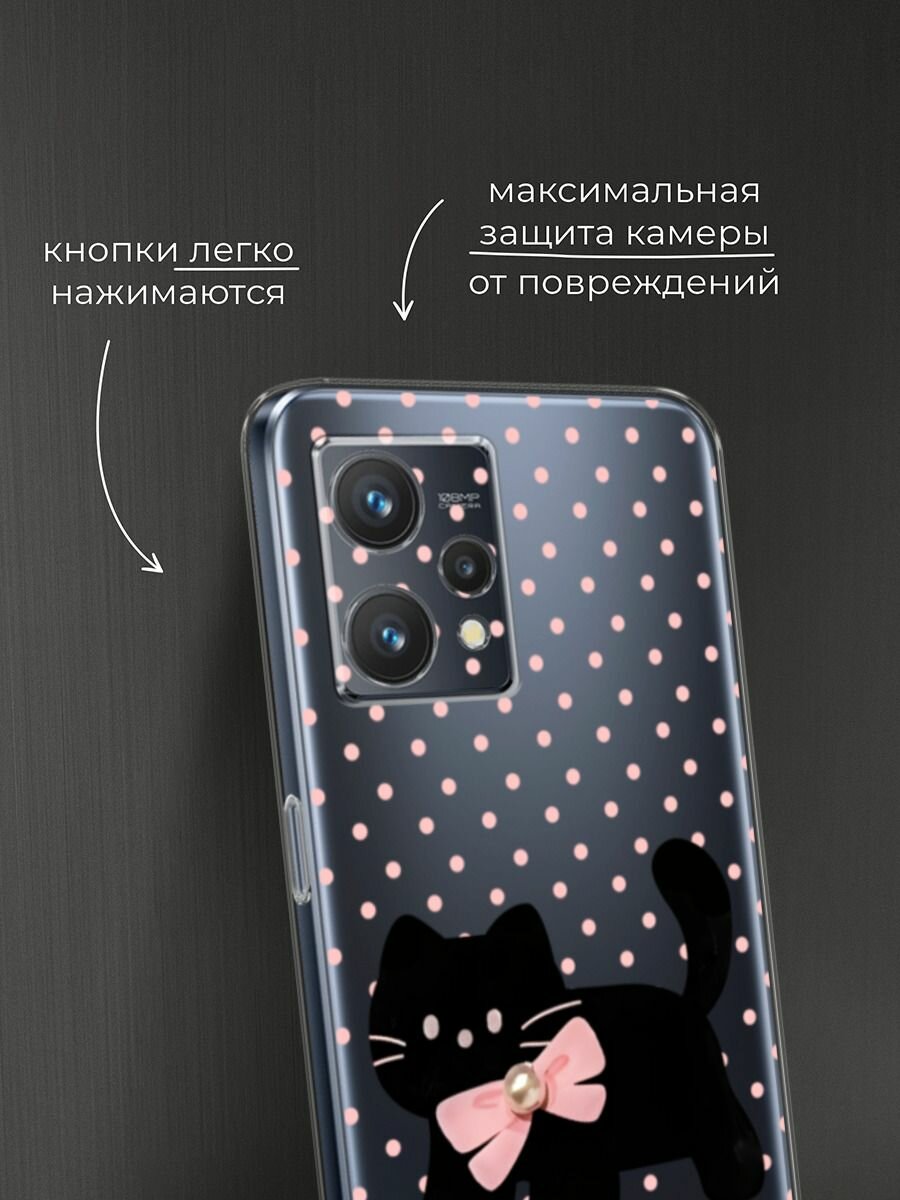 Чехол на Realme 9 4G/9 Pro Plus / Реалми 9 4G/9 Pro Plus с принтом Черный котик с бантом, прозрачный — фото 1