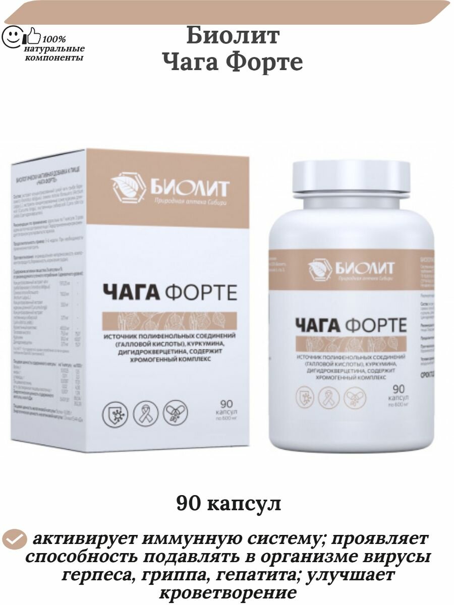 Чага Форте Биолит, экстракт берёзового гриба, для иммунитета, 90 капсул