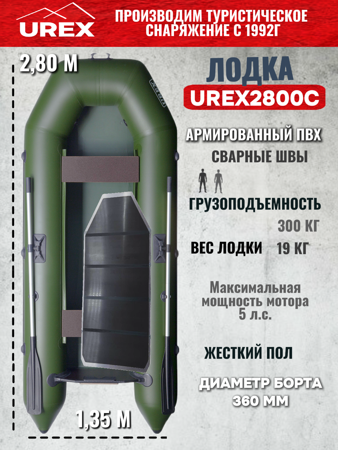 Лодка ПВХ под мотор до 5л. с. UREX2800, борт 360см, грузоподъемность 300кг, жесткое дно, зеленая