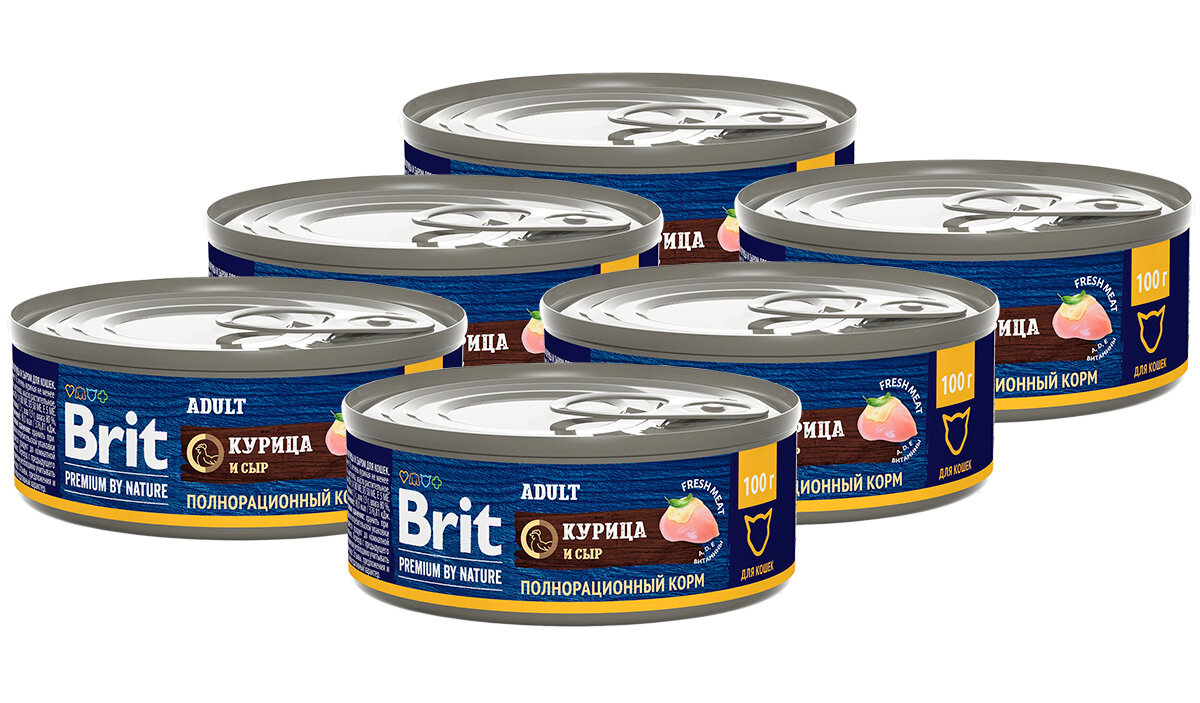 Корм влажный Brit Premium By Nature Cat для взрослых кошек с курицей и сыром, 100 г х 6 шт