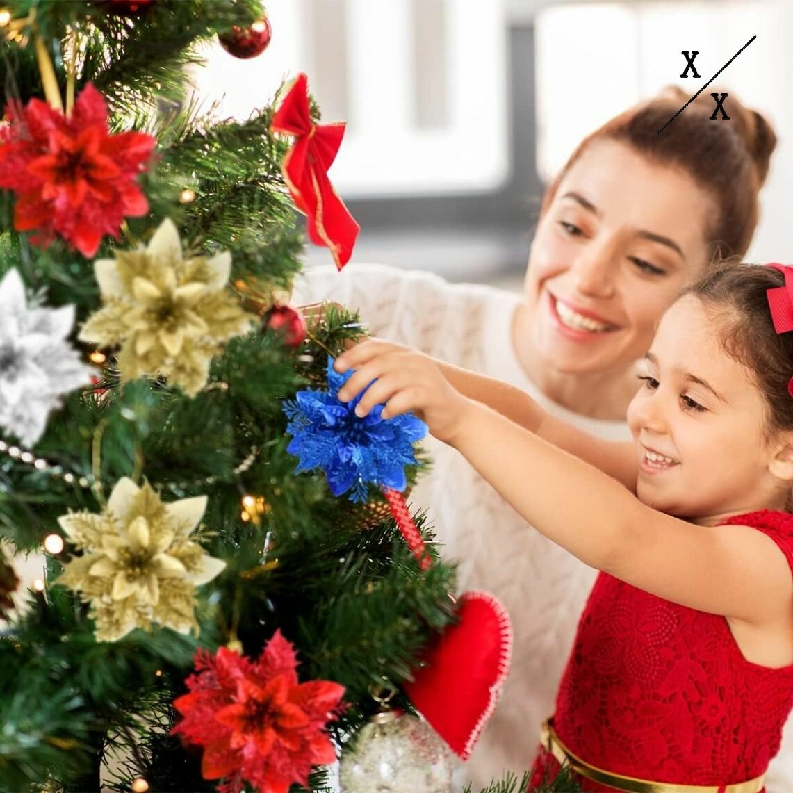 12 шт. Рождественские цветы пуансеттия с блестками, декоративные искусственные пунсеттия белые11